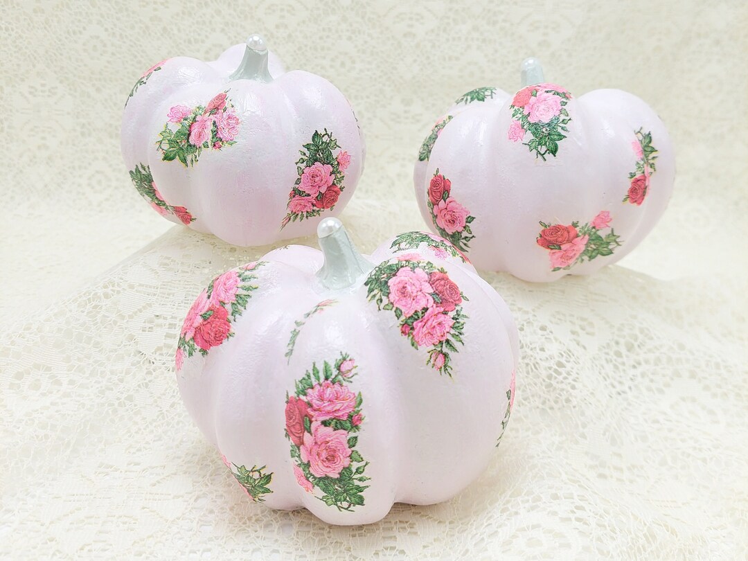 Shabby Pink Roses Pumpkins Set of 3 Shabby Pink Decor Chic Floral ...