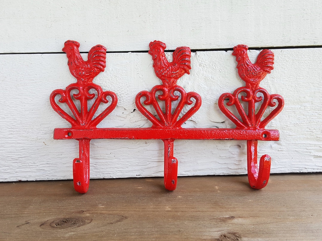 Cast Iron Rooster Towel Rack / Farmhouse Kitchen Towel Holder / Apron Hooks / Chicken Bird Wall ...