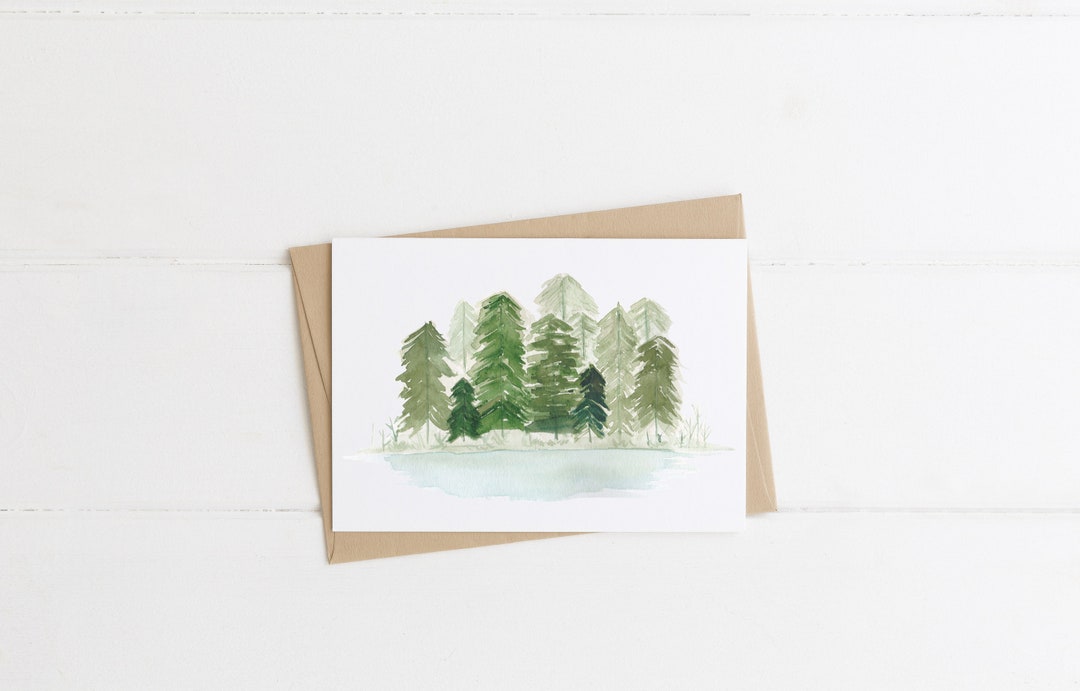 Watercolor Trees Greeting Card - Evergreen Trees Card - Forest Card ...
