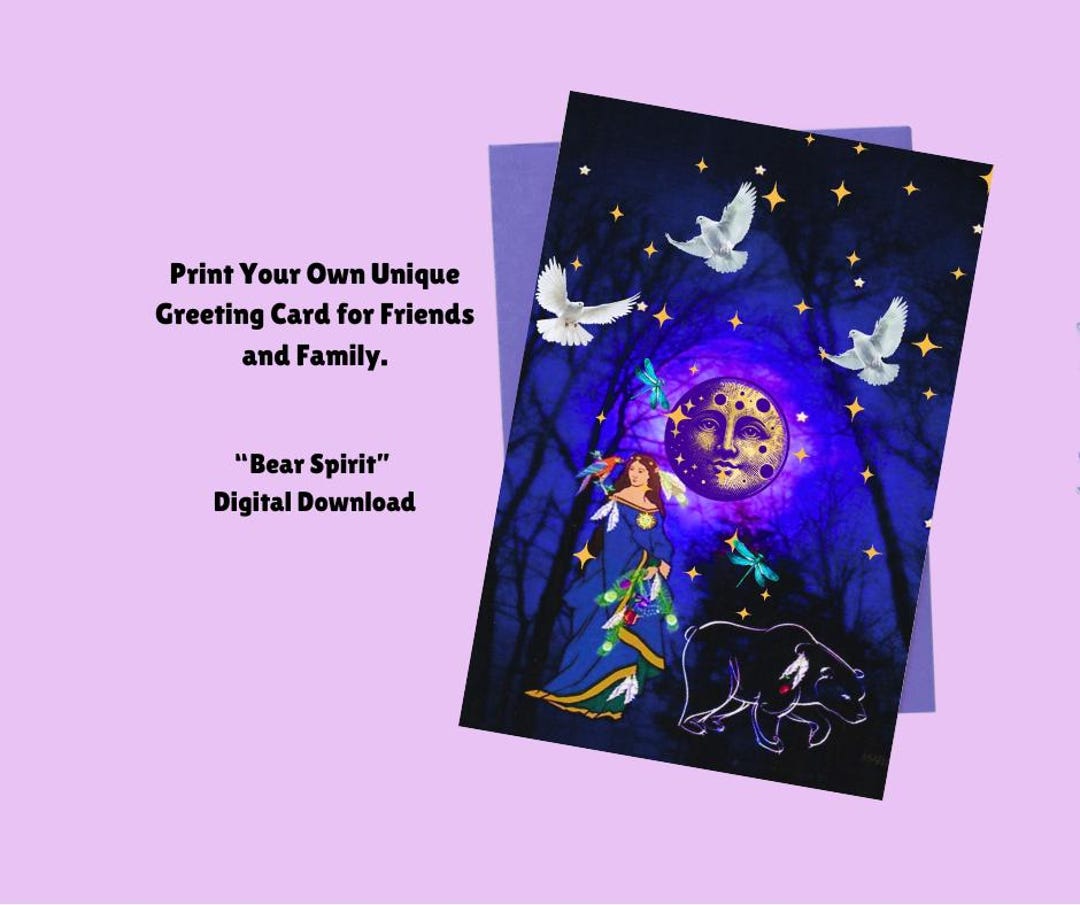 Bear Spirit Printable Blank Greeting Card, Whimsical Art, Mystical and ...