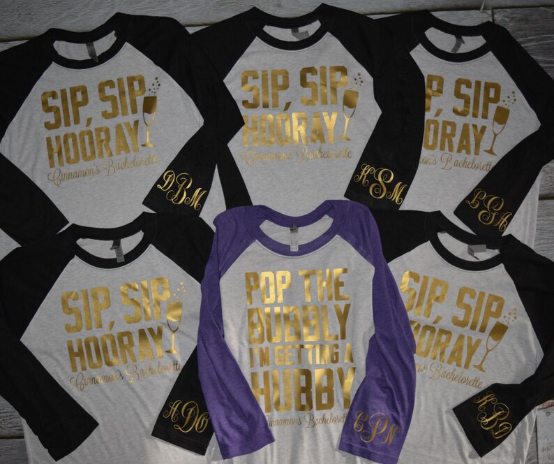 Bachelorette Party Sip Sip Hooray Monogram Sleeve 3/4 Baseball | Etsy
