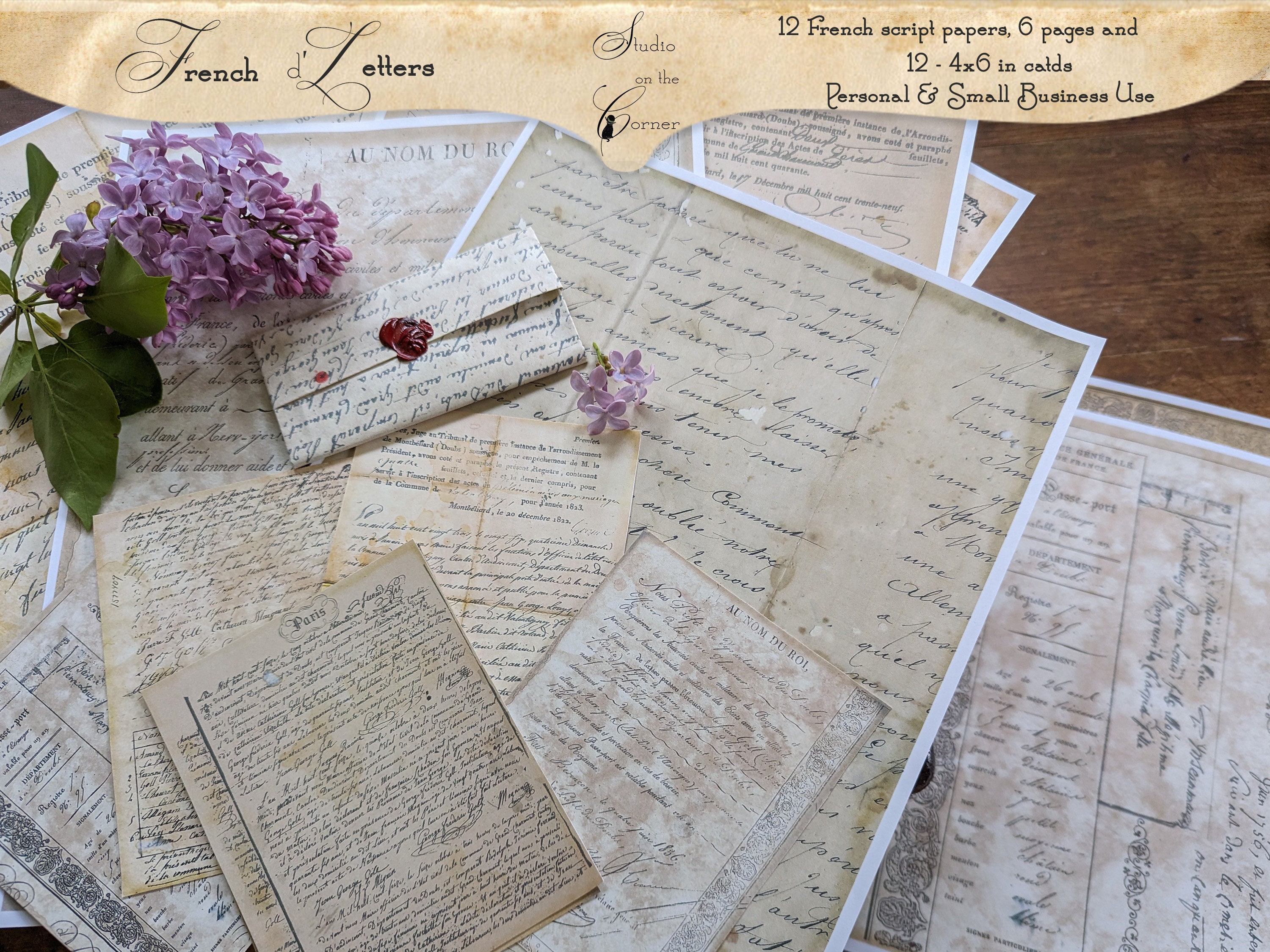 French Script Papers, French Documents, Vintage French Script, French Paper Pack. Digital Paper ...