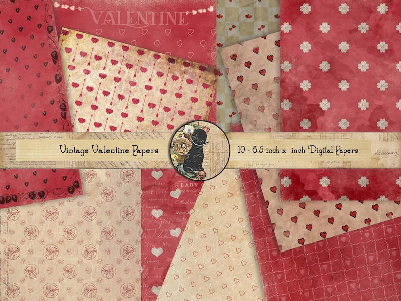 Vintage Valentine Digital Papers, Hearts, Postcards (instant Download ...