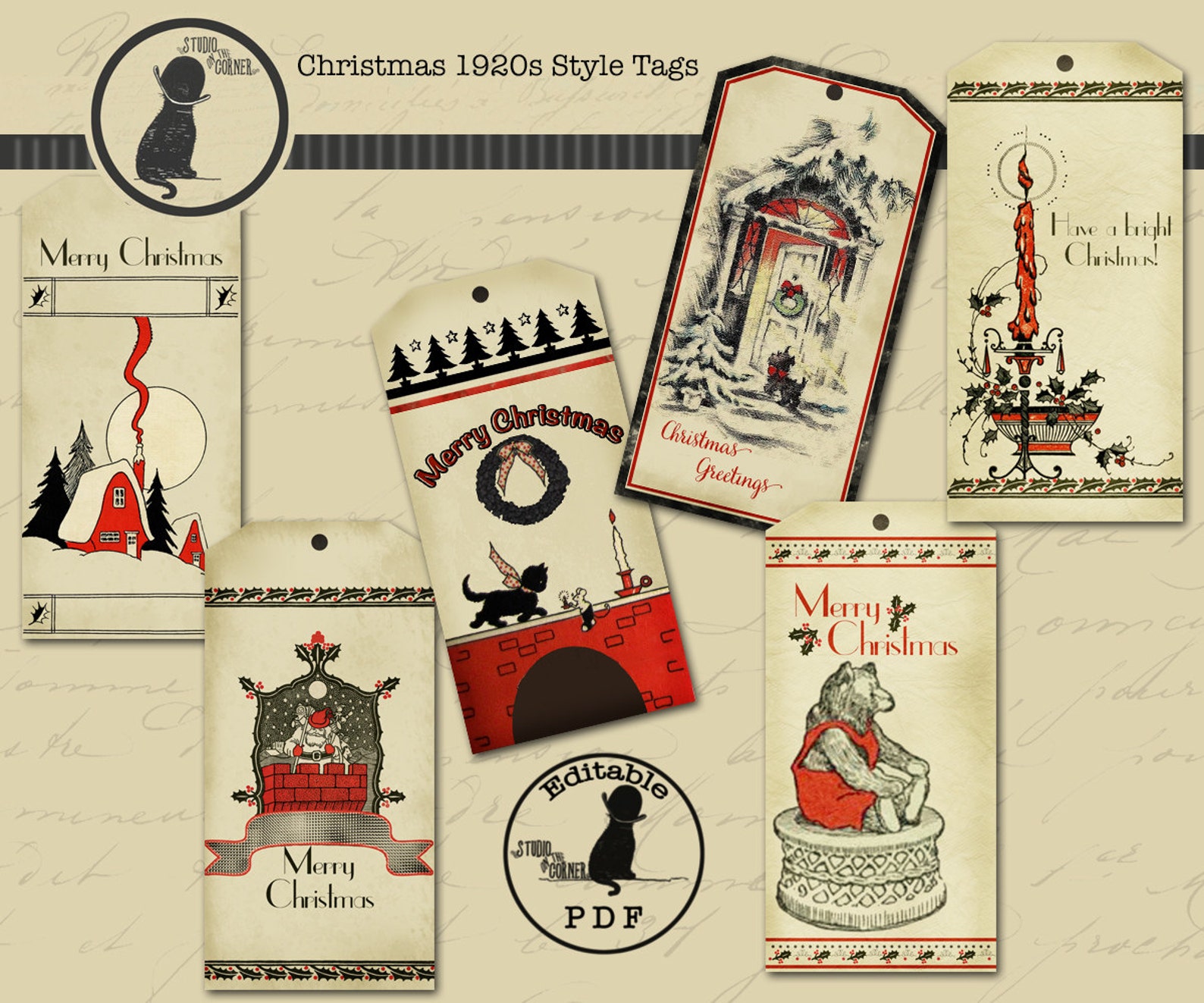 1920s Style Christmas Tags, Red and Black Gift Tags, Christmas Gift ...