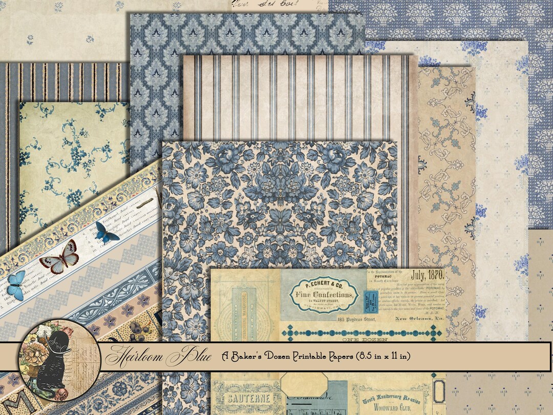 Vintage Digital Paper, Blue and Cream Printable Paper, Junk Journal ...