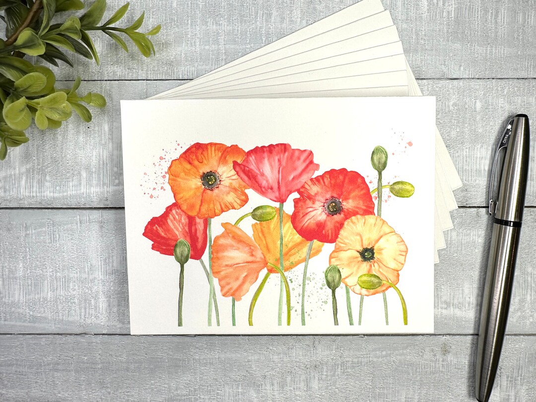 Set of Poppy Note Cards Blank Inside Envelopes Included Watercolor ...