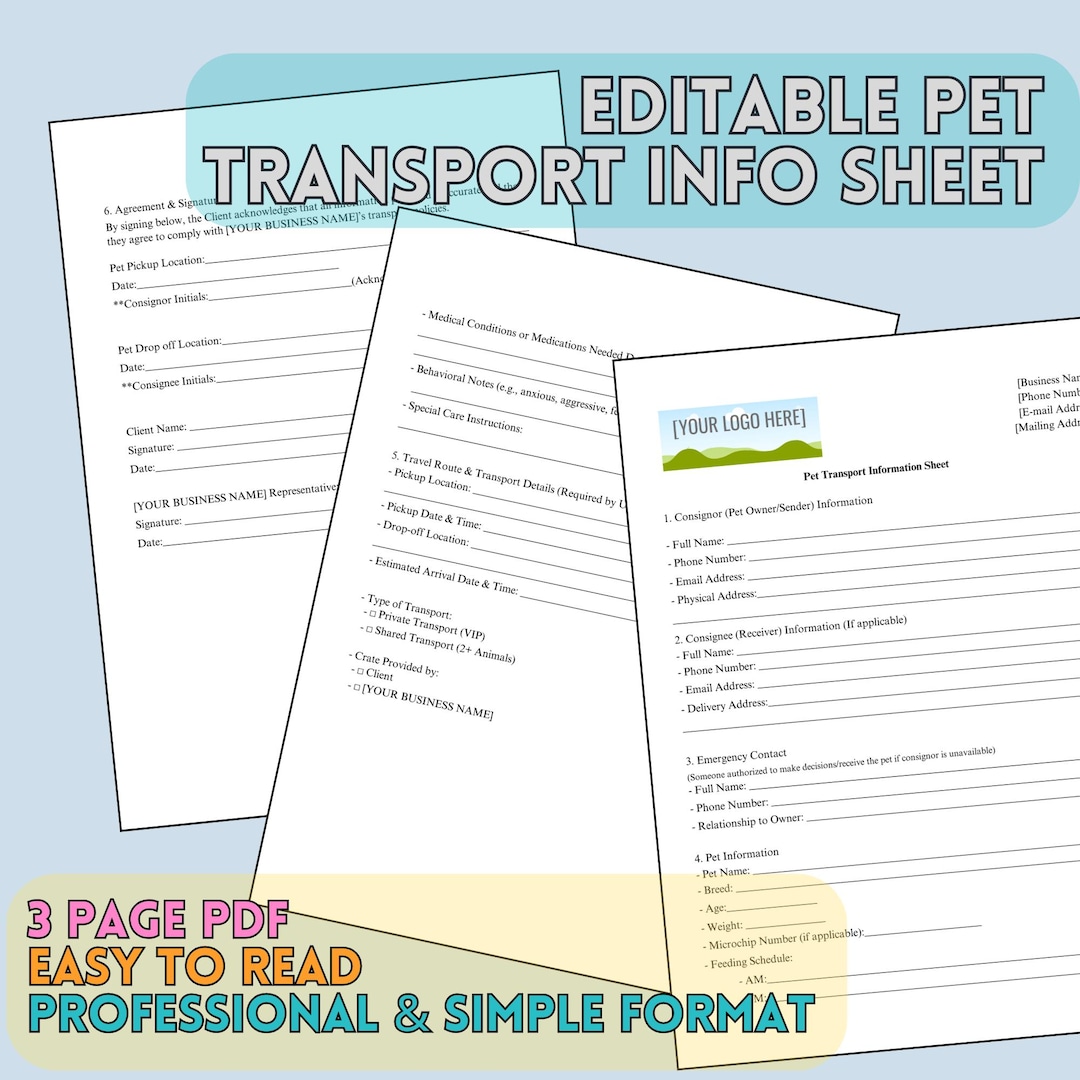 Editable Pet Transport Information Sheet - Pet / Travel / Owner ...