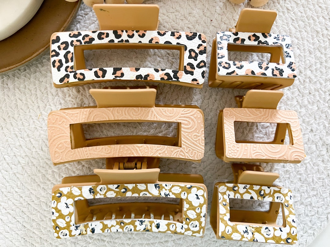 Tan Leather Claw Clips You Choose Size and Pattern Leopard, Floral, or ...