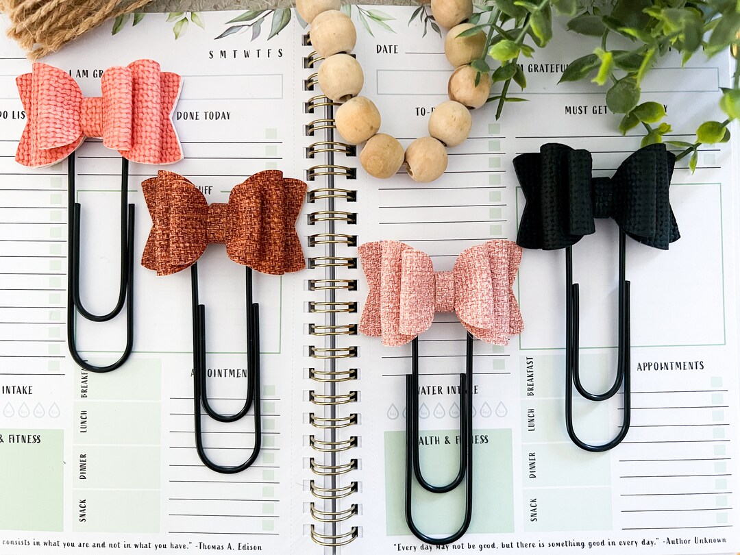 Linen Textured Bow Clip Faux Leather Planner Clip Neutral Tone ...