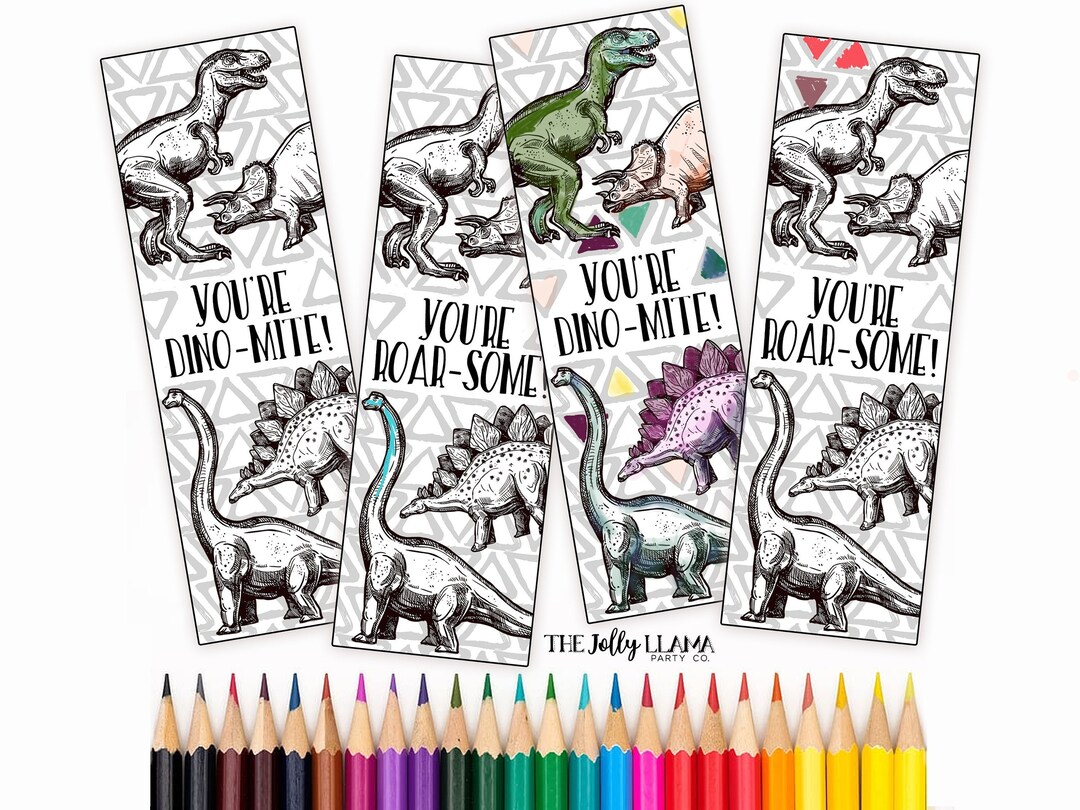 Dino Bookmarks Classroom Valentines Coloring Page Dinosaur - Etsy