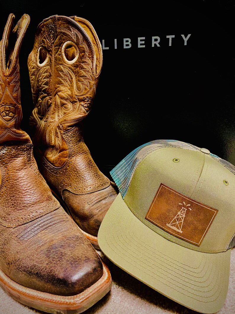 Oil Field Leather Patch Hat - Featuring the Oil Derrick and Pump Jack ...