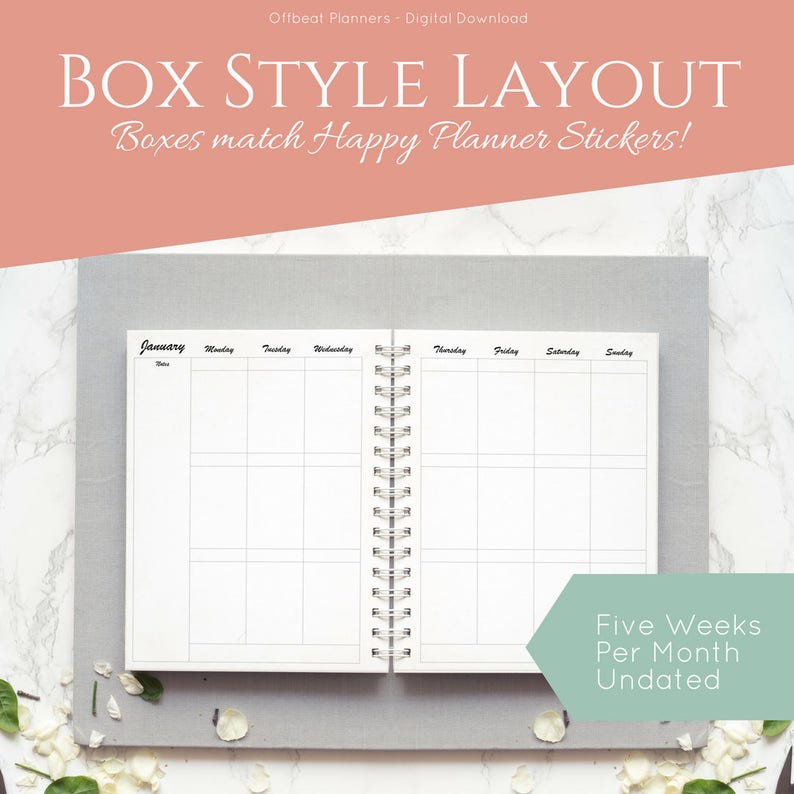 Week and Month Box Style and Hourly Layout Happy Planner Inserts ...