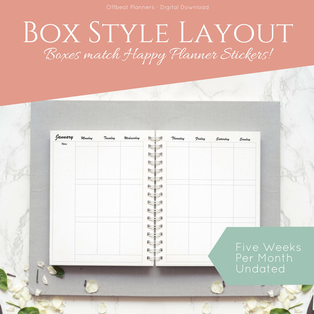 Week and Month Box Style and Hourly Layout Happy Planner Inserts ...