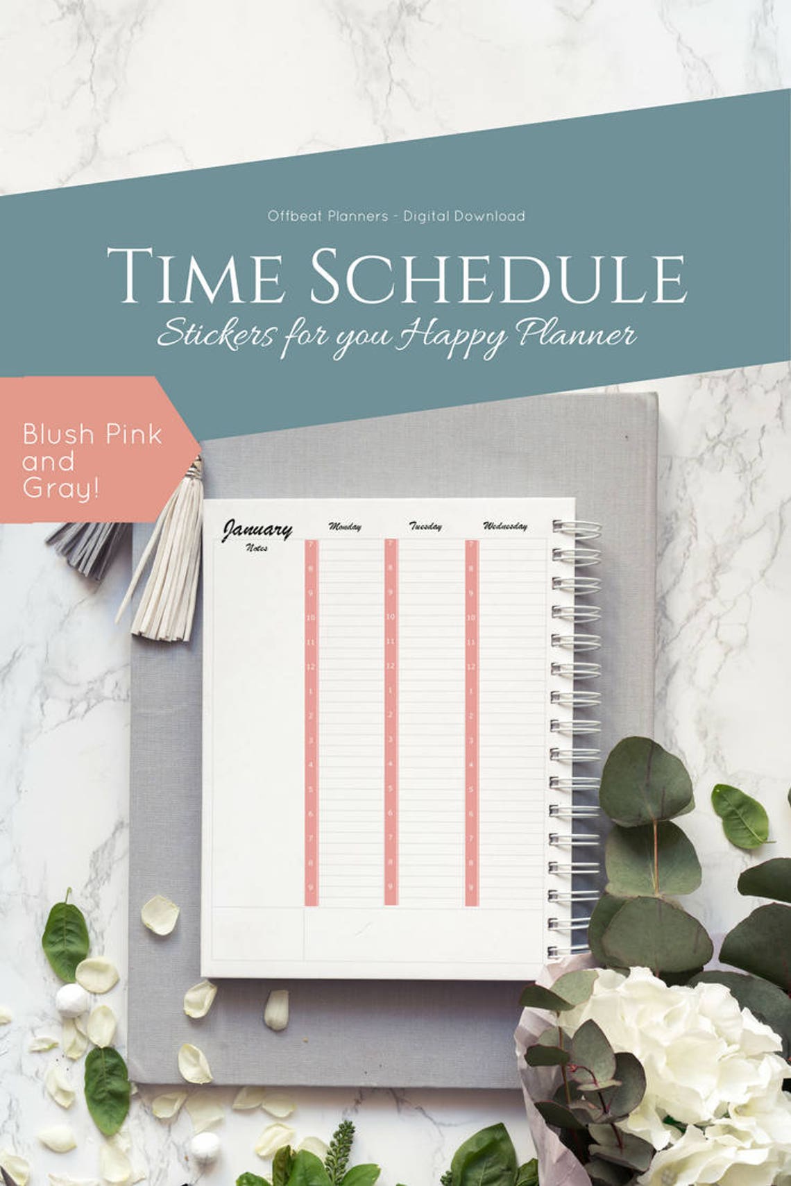 Hourly Stickers, Time Schedule for Your Vertical Happy Planner. Blush ...