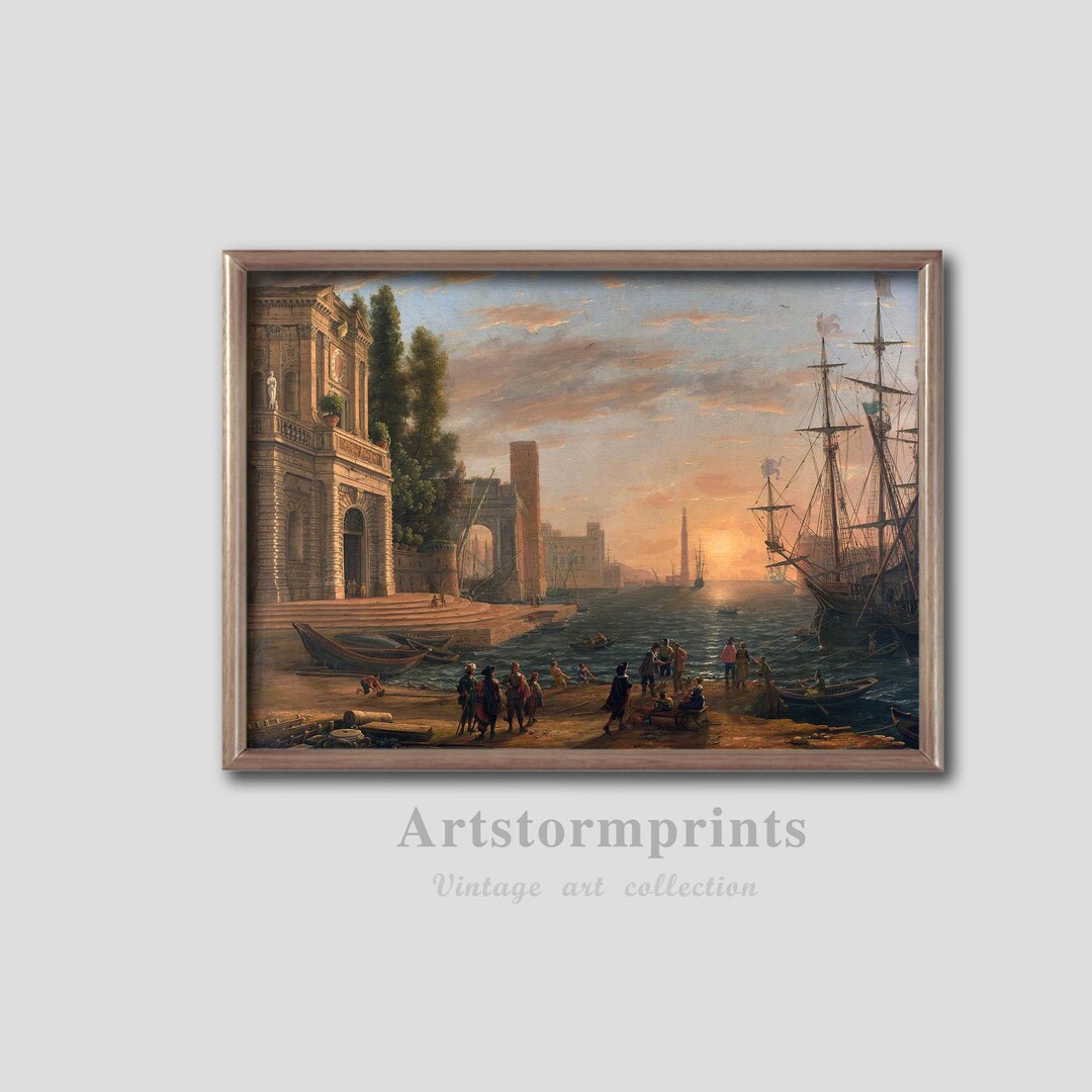 Classical Seaport at Dusk With Figures, Ships, and Golden Light ...