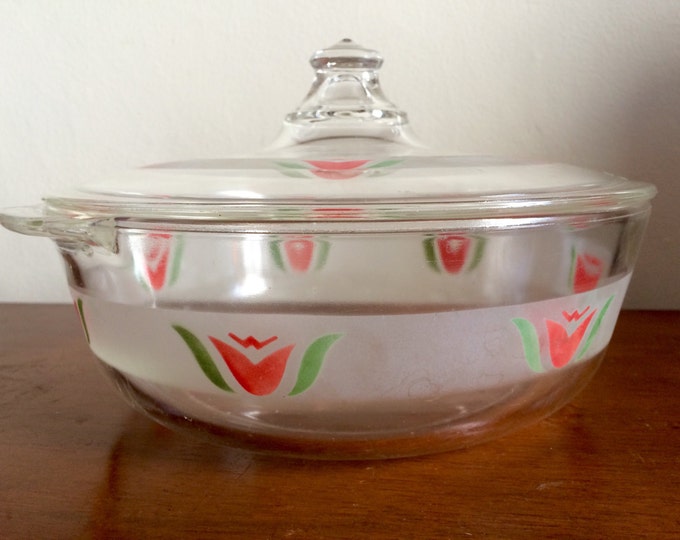 Rare Vintage 30-40s Clear Glass and Red Tulip Pyrex 2qt Casserole With ...