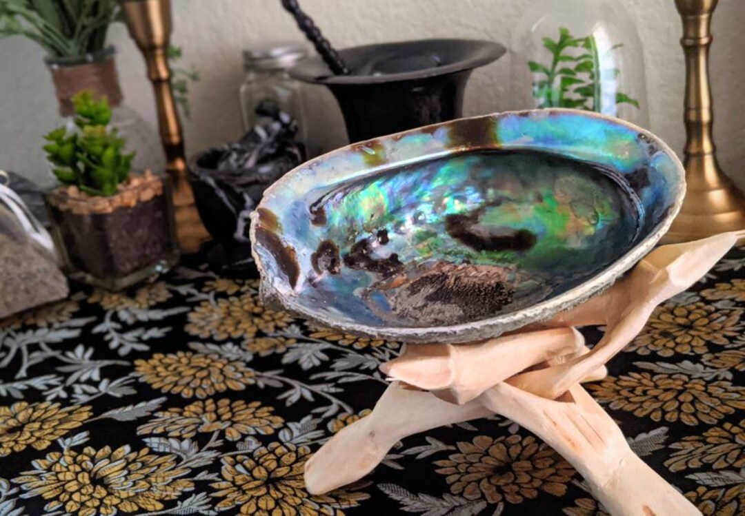 Abalone Shell and Natural Wooden Stand Set, Smudge Bowl, Shell ...