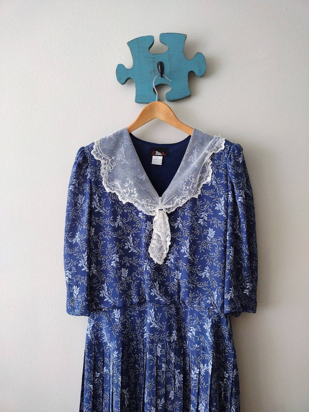 80s Vintage Liz Petites Blue Floral Lace Collar Dress Size 14 Modest ...