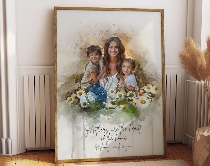 Mothers Day Gift Personalised Watercolour Portrait, Mom Gift, Family ...