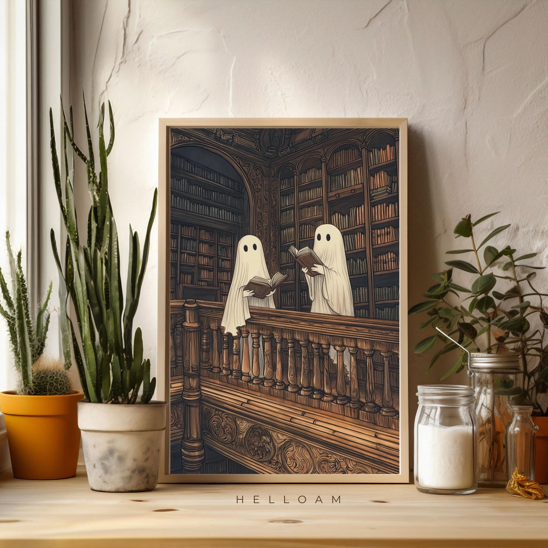 Two Cute Ghosts in a Library Print Romantic Dark Academia Spooky Decor ...