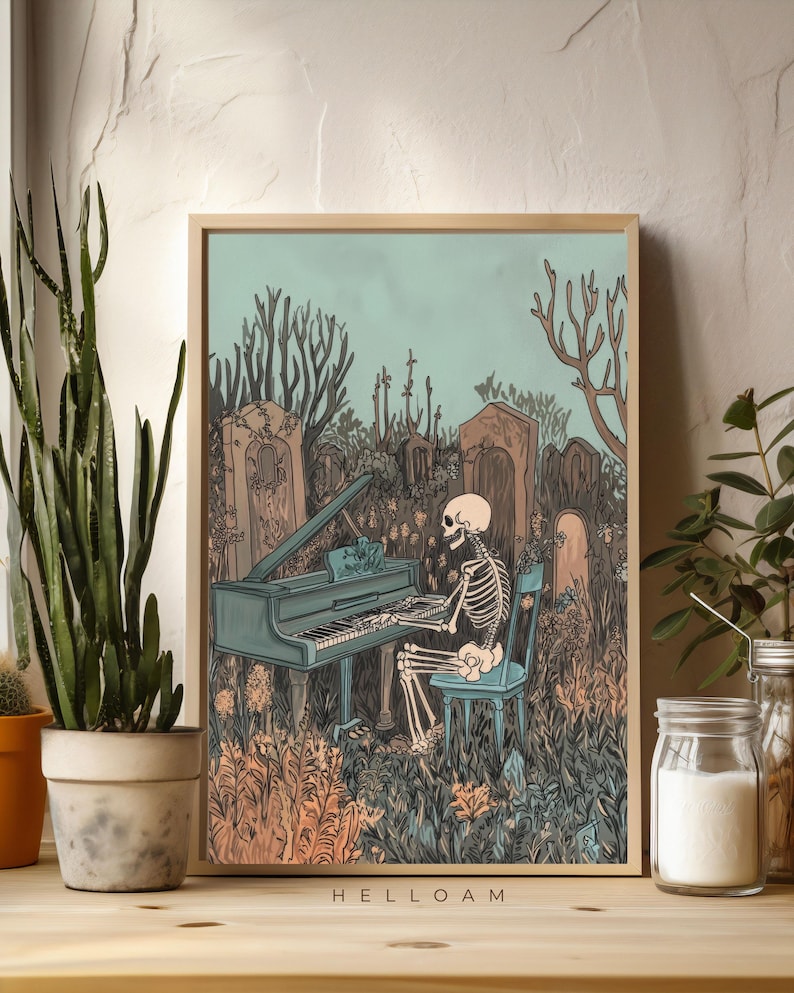 Skeleton Playing the Piano, Skeleton Print Halloween Wall Art ...