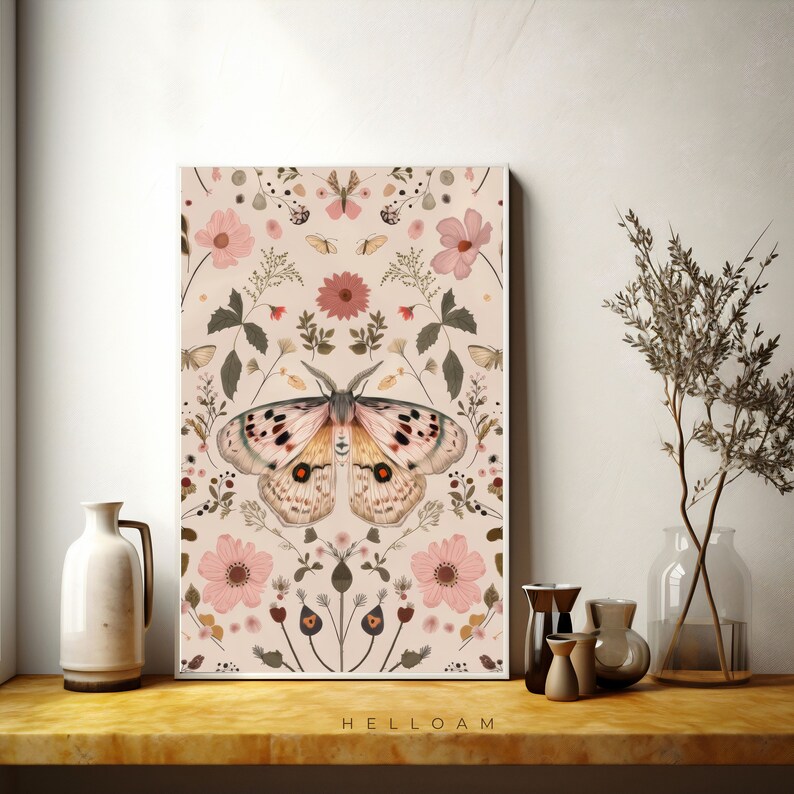 Moths and Poppy Flowers, Botanical Illustrations, Magic Art Print, Boho ...