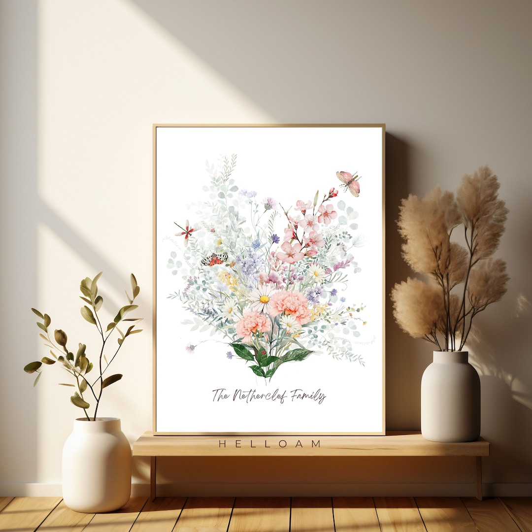 Birth Flower Family Bouquet, Personalised Watercolour Birth Flower ...