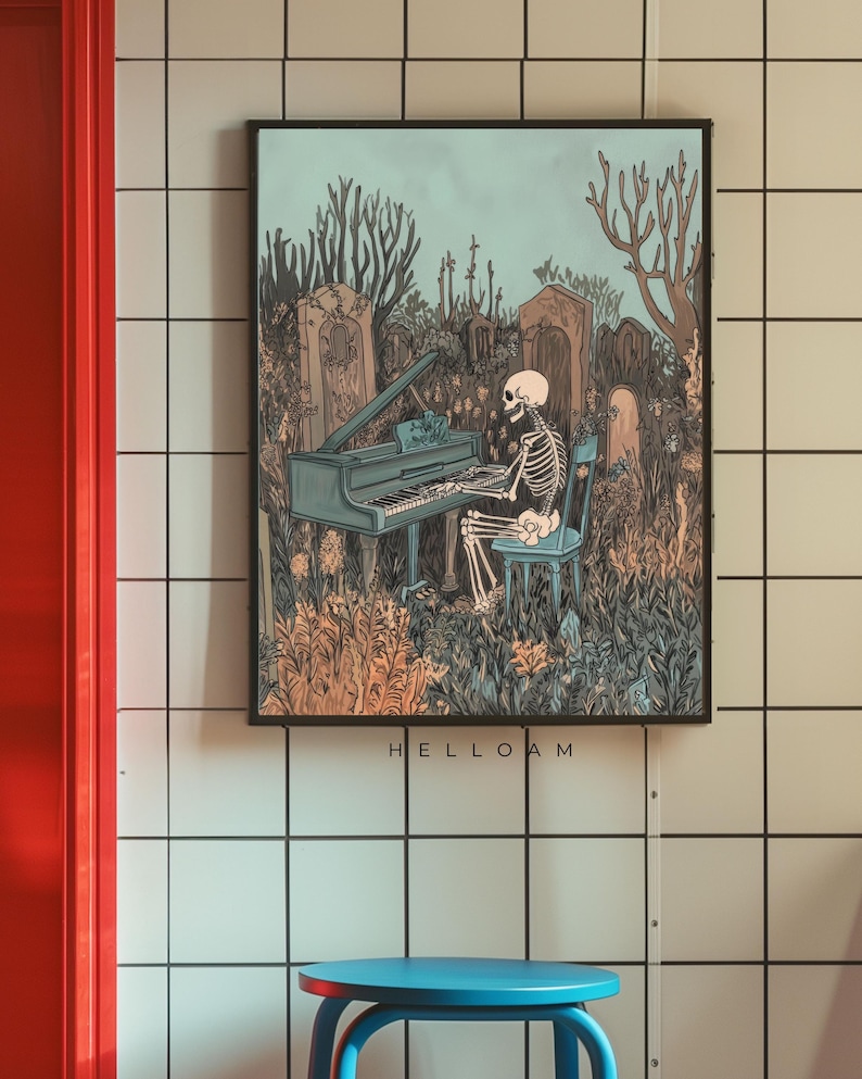 Skeleton Playing the Piano, Skeleton Print Halloween Wall Art ...