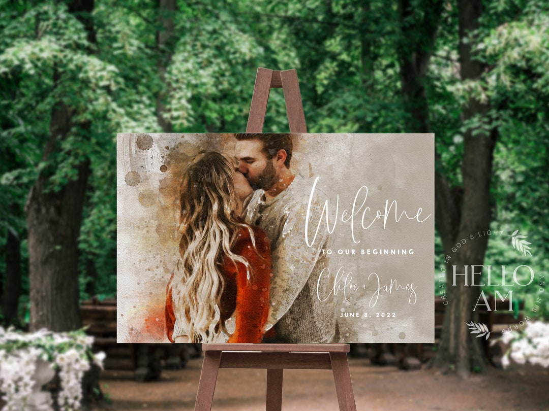 Wedding Welcome Sign Watercolor Couple Portrait,, Photo Wedding Sign ...