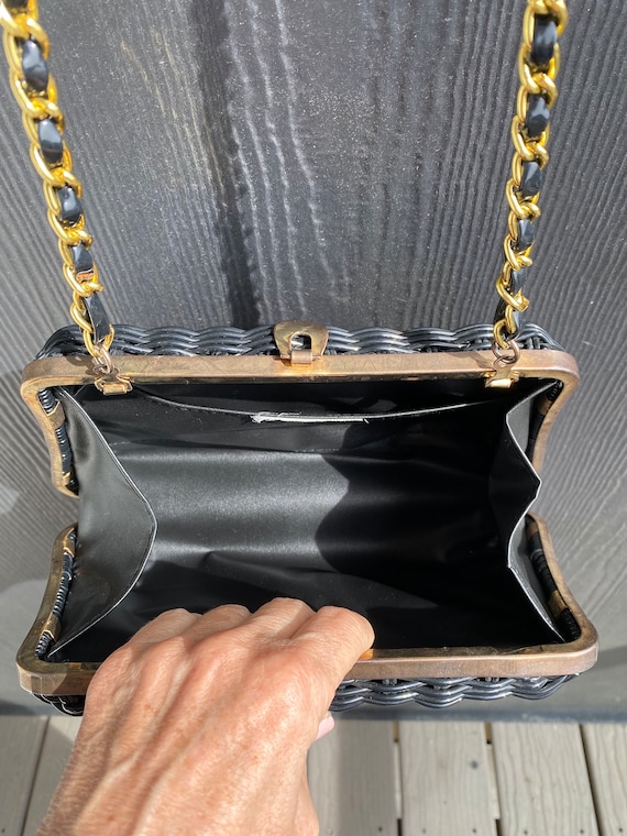 Vintage Faux Wicker Purse, black vinyl purse with gol… - Gem