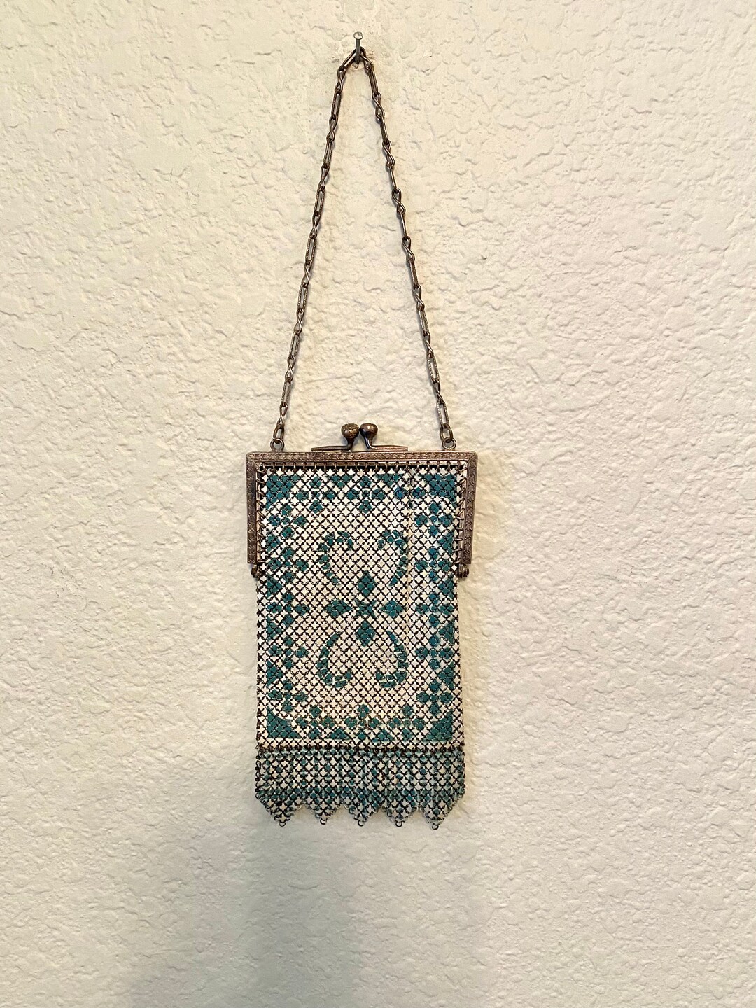 Antique Metal Mesh Purse, Art Deco Small Purse, Green and White Enamel ...