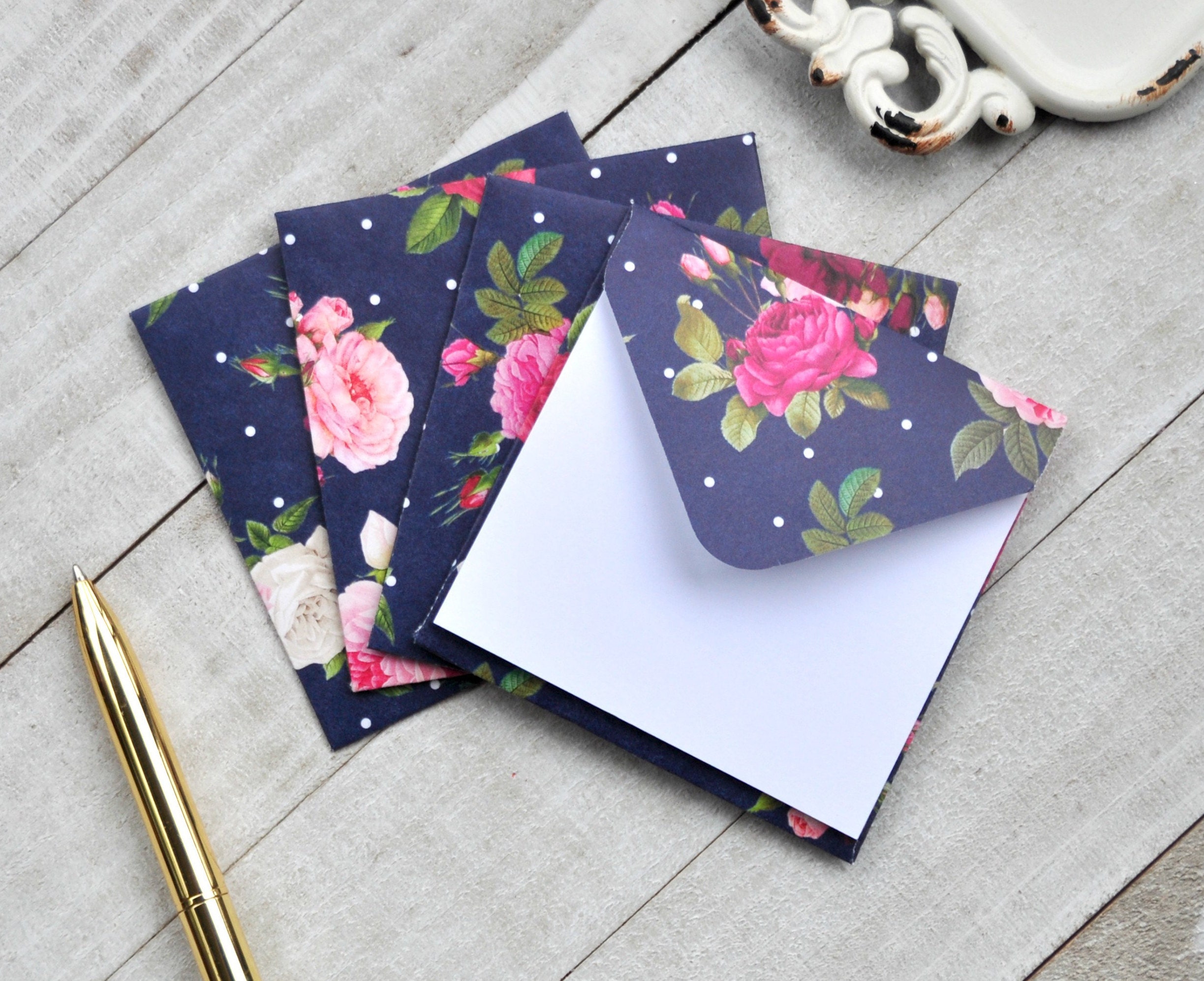 Advice Cards Enclosure Cards Set of 4 Blue Floral Mini Envelopes Blank ...