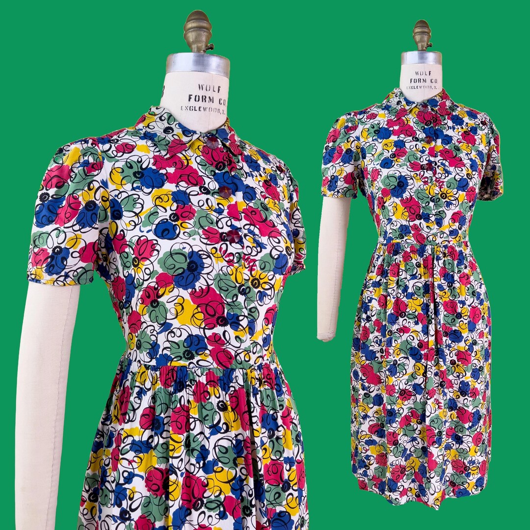 Vintage 1940s Dress // Primary Colors + Swirling Black Flowers Print ...