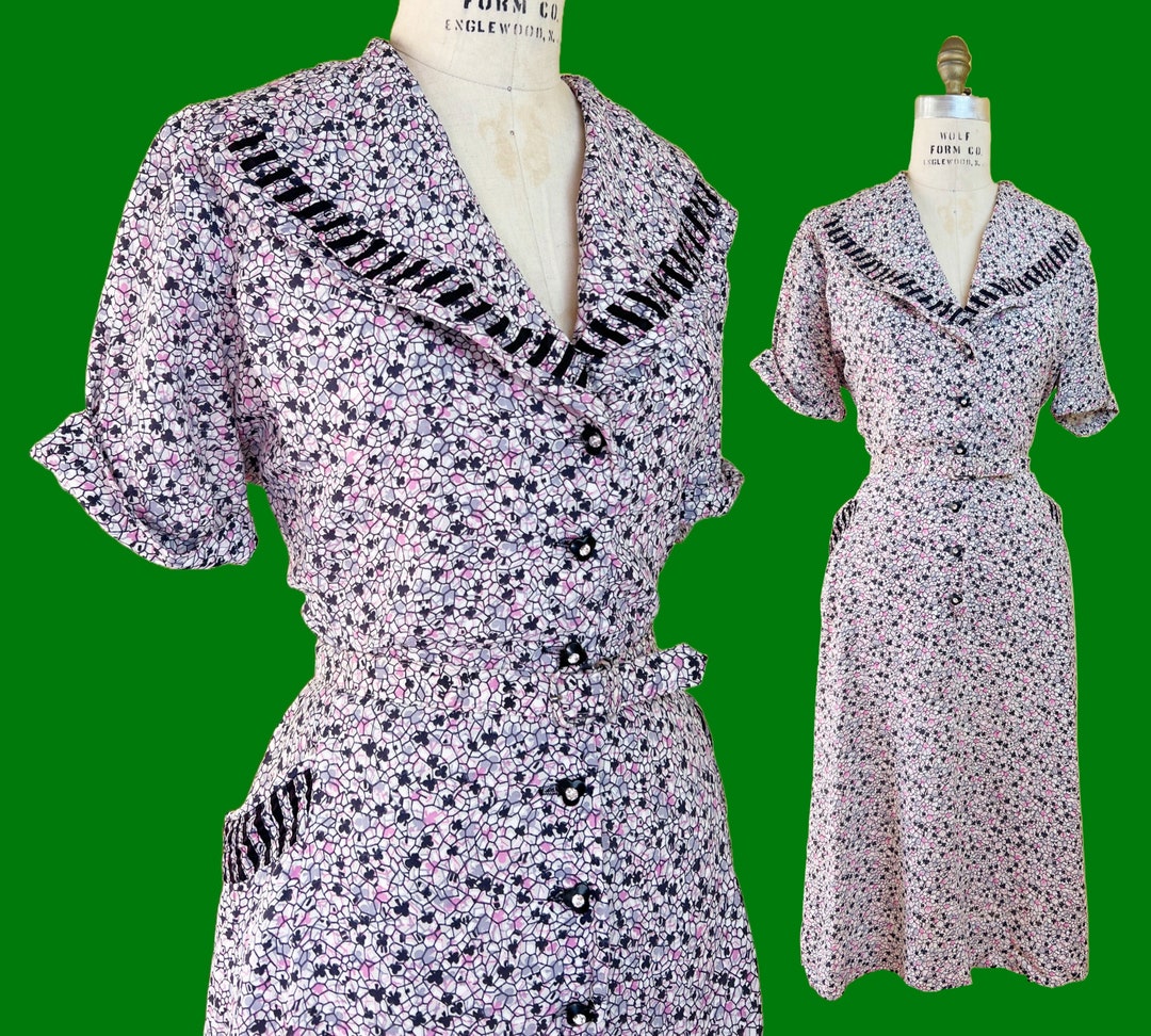 Vintage 1950s Dress // Black, White Pink Clover Print Cold Rayon 40s ...