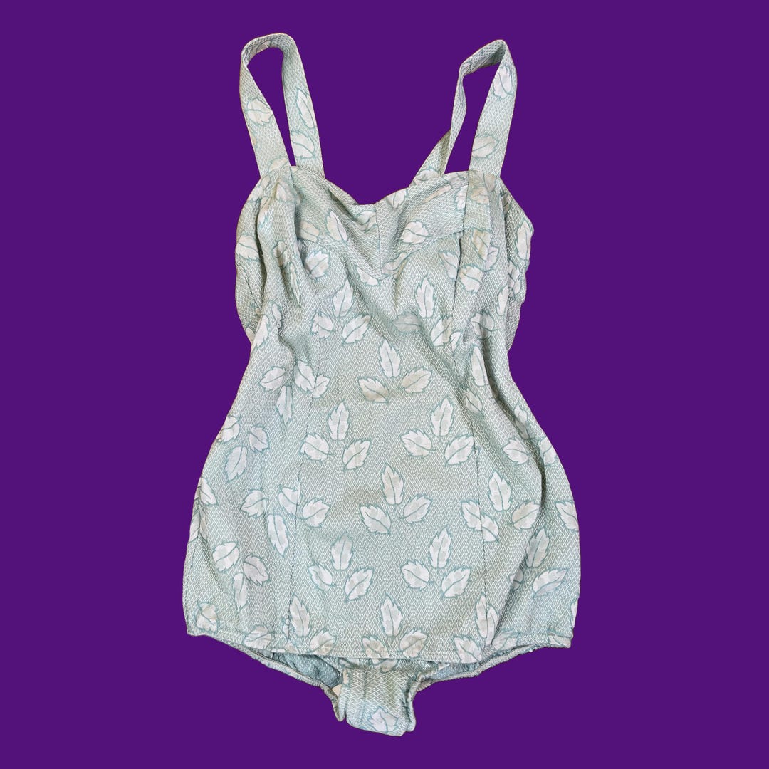 Vintage 1950s Swimsuit // Mint Green Leaf Patterned Early 50s Swim Suit ...