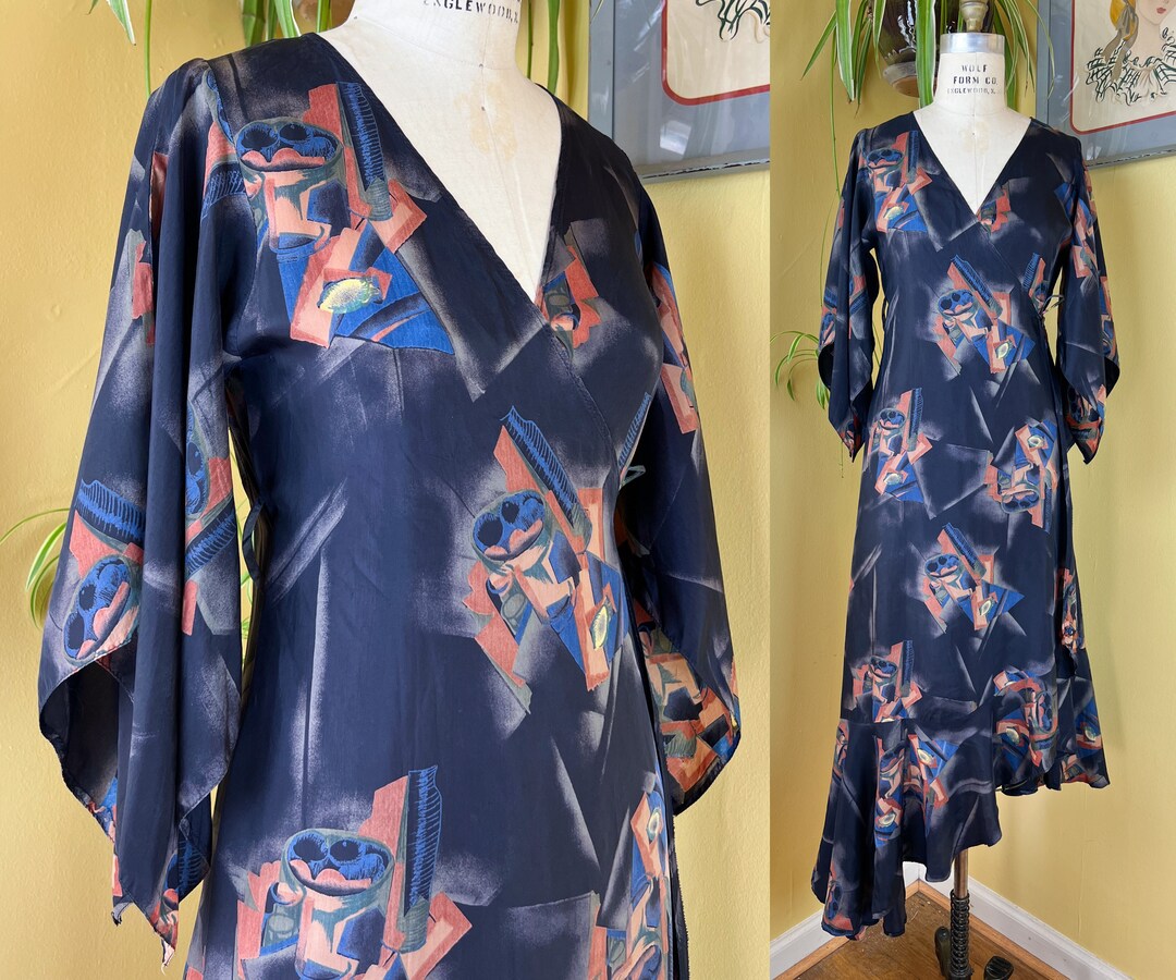 Vintage 1930s Robe // Rare Cubist Still Life Novelty Print Rayon 30s ...