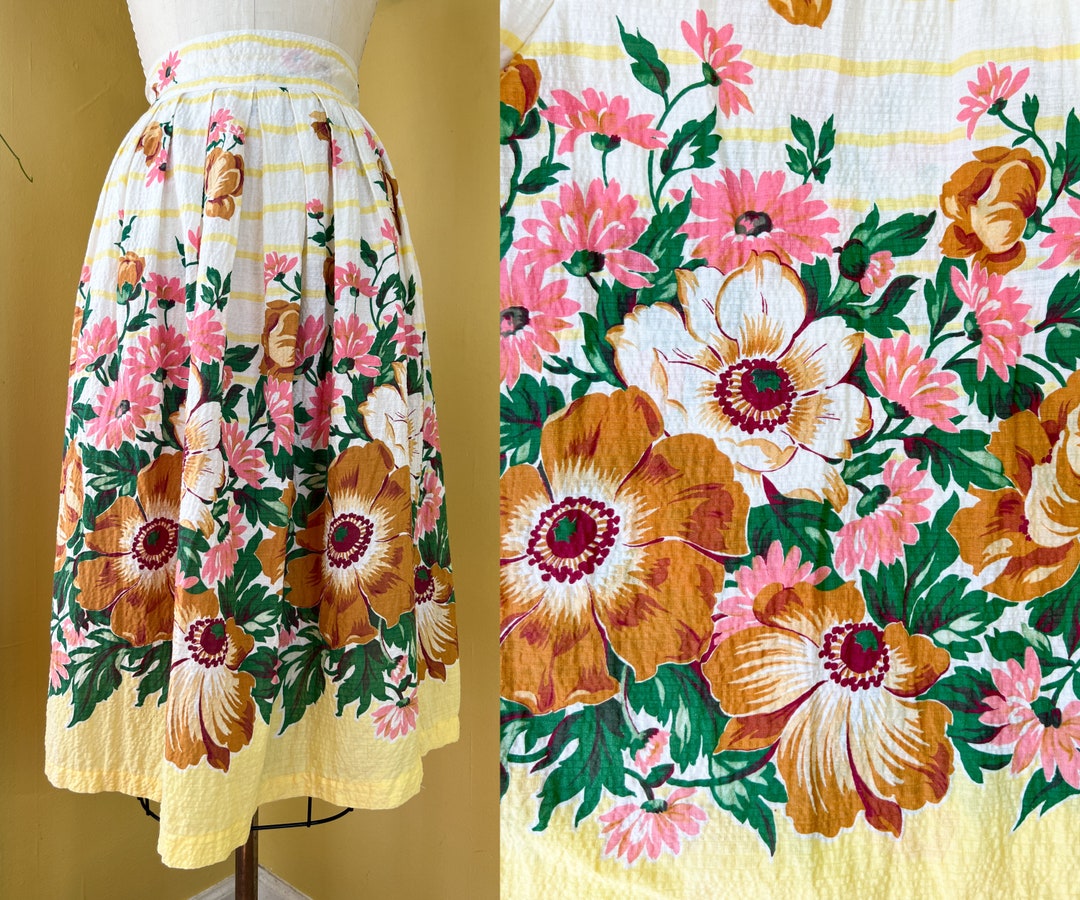 Vintage 1940s Skirt // Giant Flowers + Stripes Border Print Pucker ...