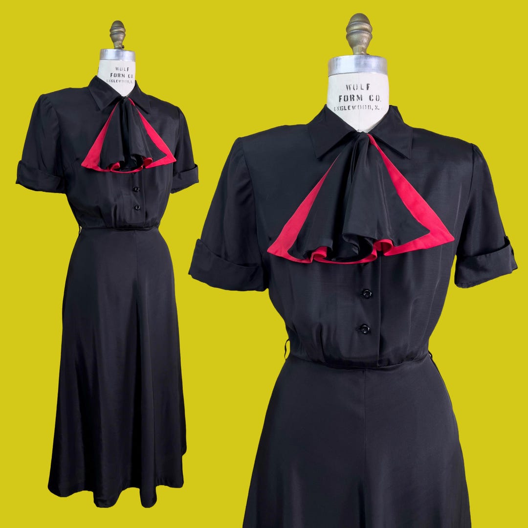Vintage 1940s Dress // Black Red Color Block Rayon 40s Shirtwaist Day ...