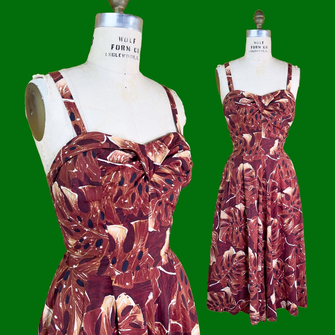 Vintage 1950s Hawaiian Dress // Brown Monstera Leaf Print Cold Rayon ...