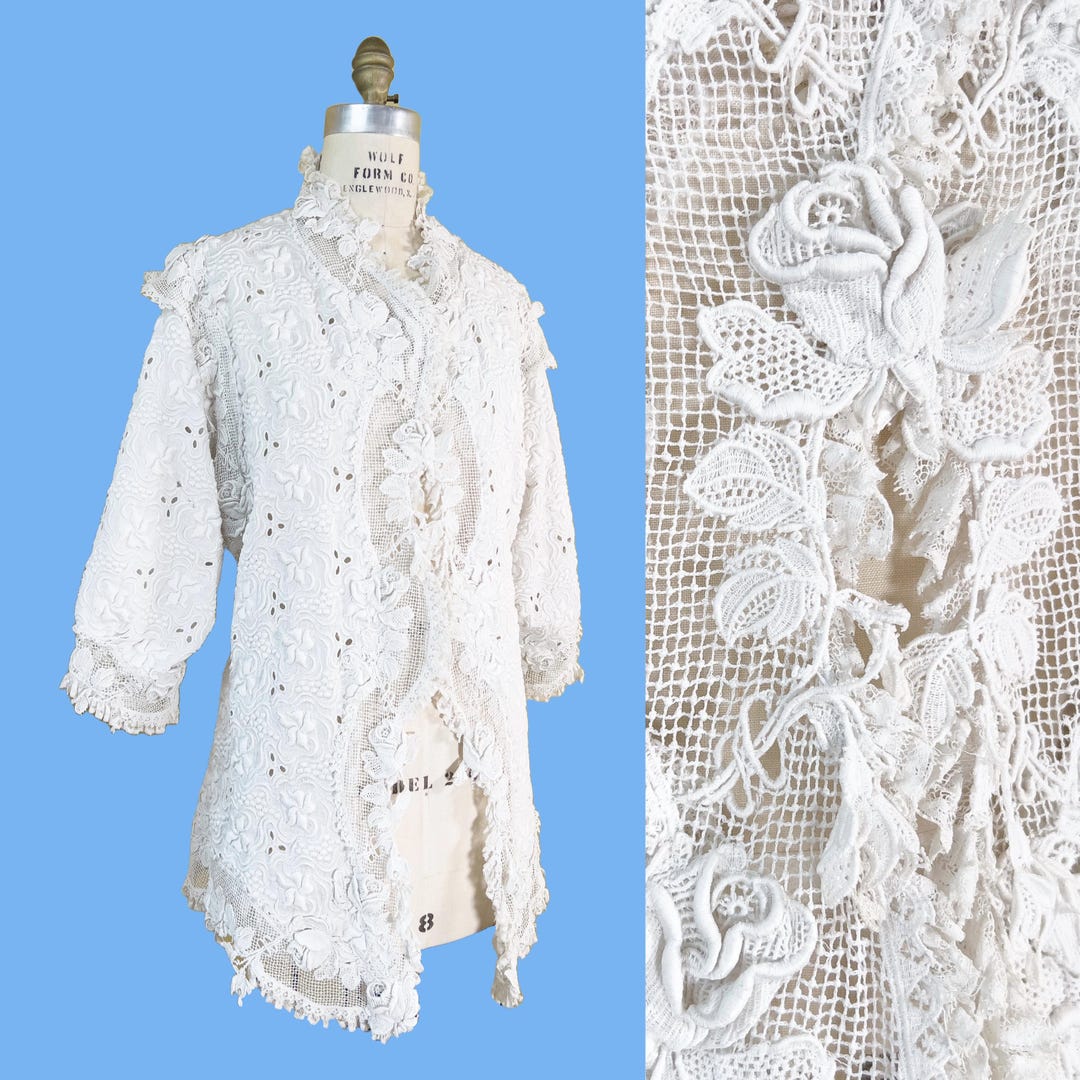 Antique Edwardian Jacket // Fully Embroidered White Cotton Linen + Rose ...