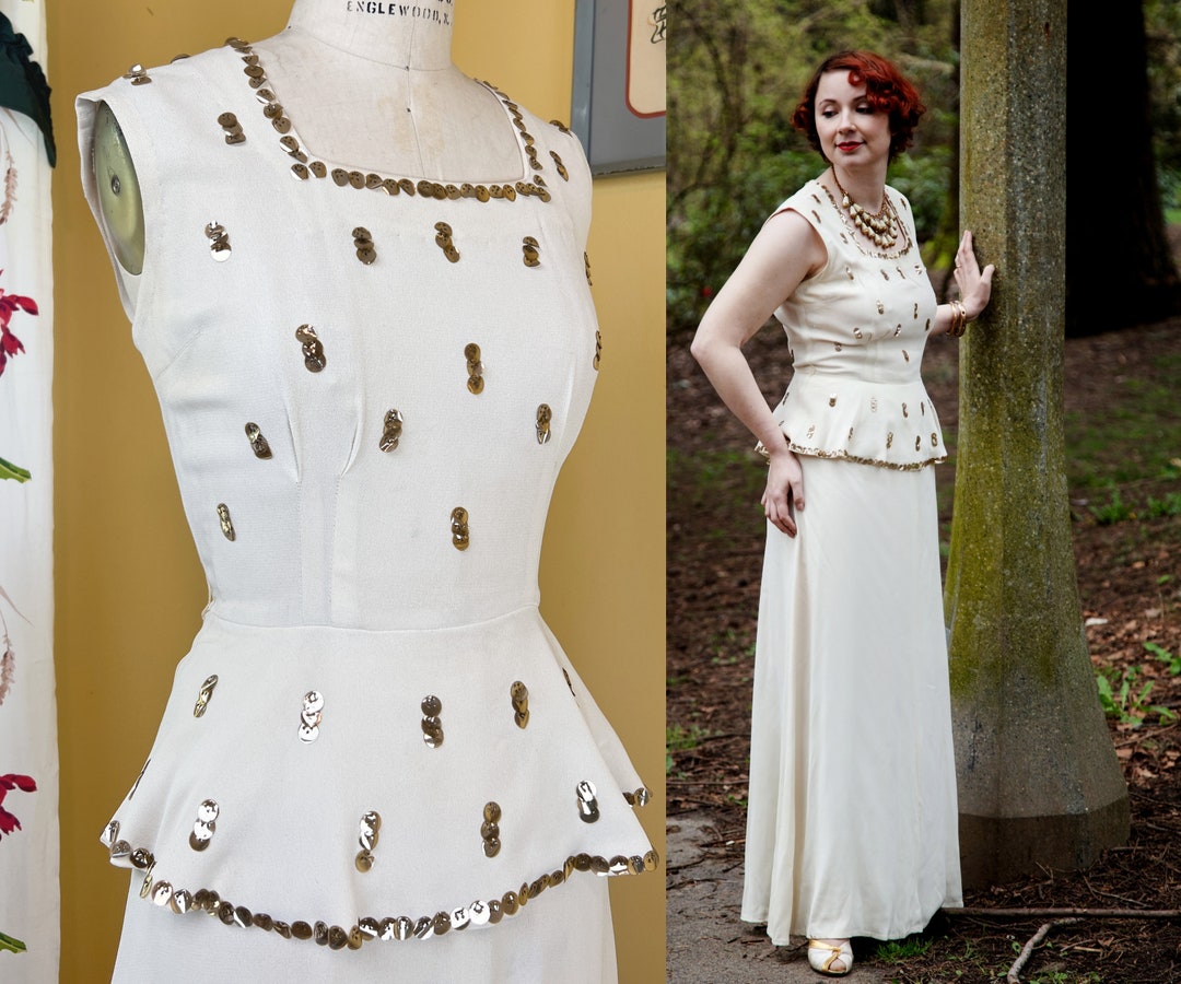 Vintage 1930s Dress // Cream Rayon Crepe With Giant Gold Gelatin ...