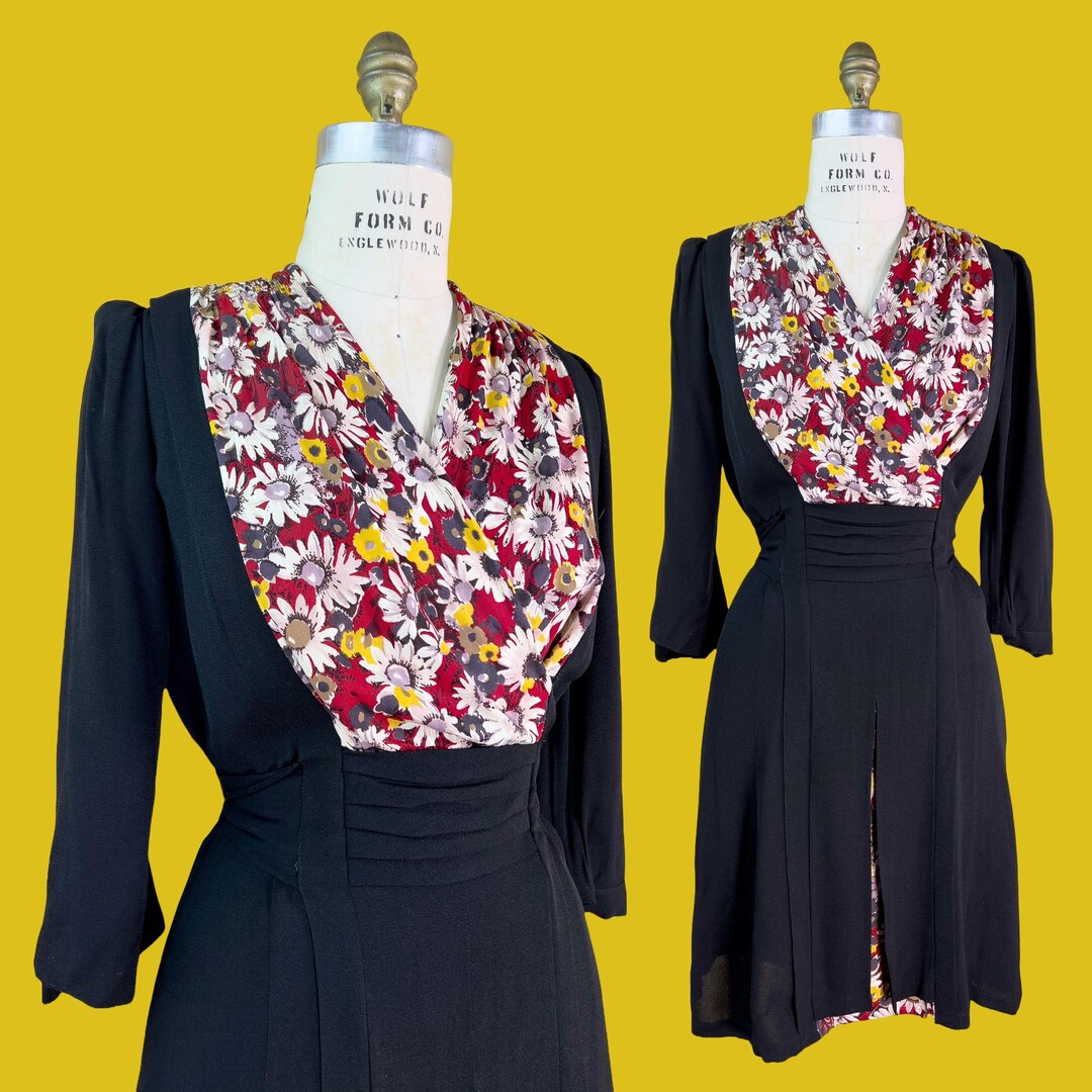 Vintage 1940s Dress // CLEARANCE // Black Rayon Crepe + Floral Print ...