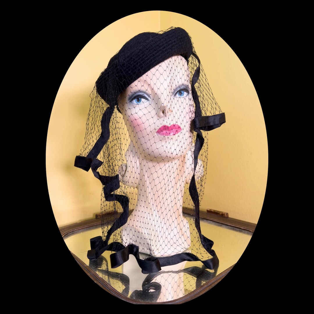 Vintage 1940s Hat // Spooky + Dramatic Black Wool Tilt Hat // Long ...