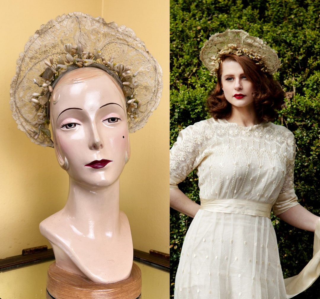 Vintage 1920s Bridal Crown // Tall Face-framing Battenberg Ecru Lace ...
