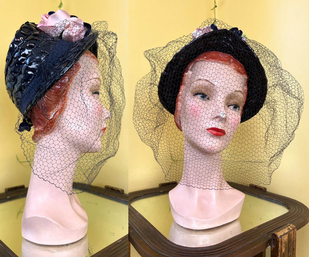 Vintage 1940s Hat // Glossy Navy Blue Cellophane Straw 40s Hat ...