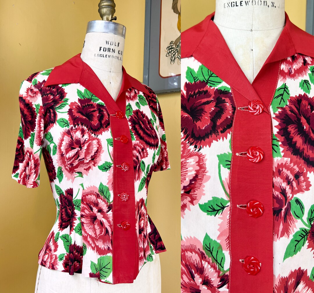Vintage 1940s Blouse // Slinky Carnation Print Rayon Jersey 40s Blouse ...