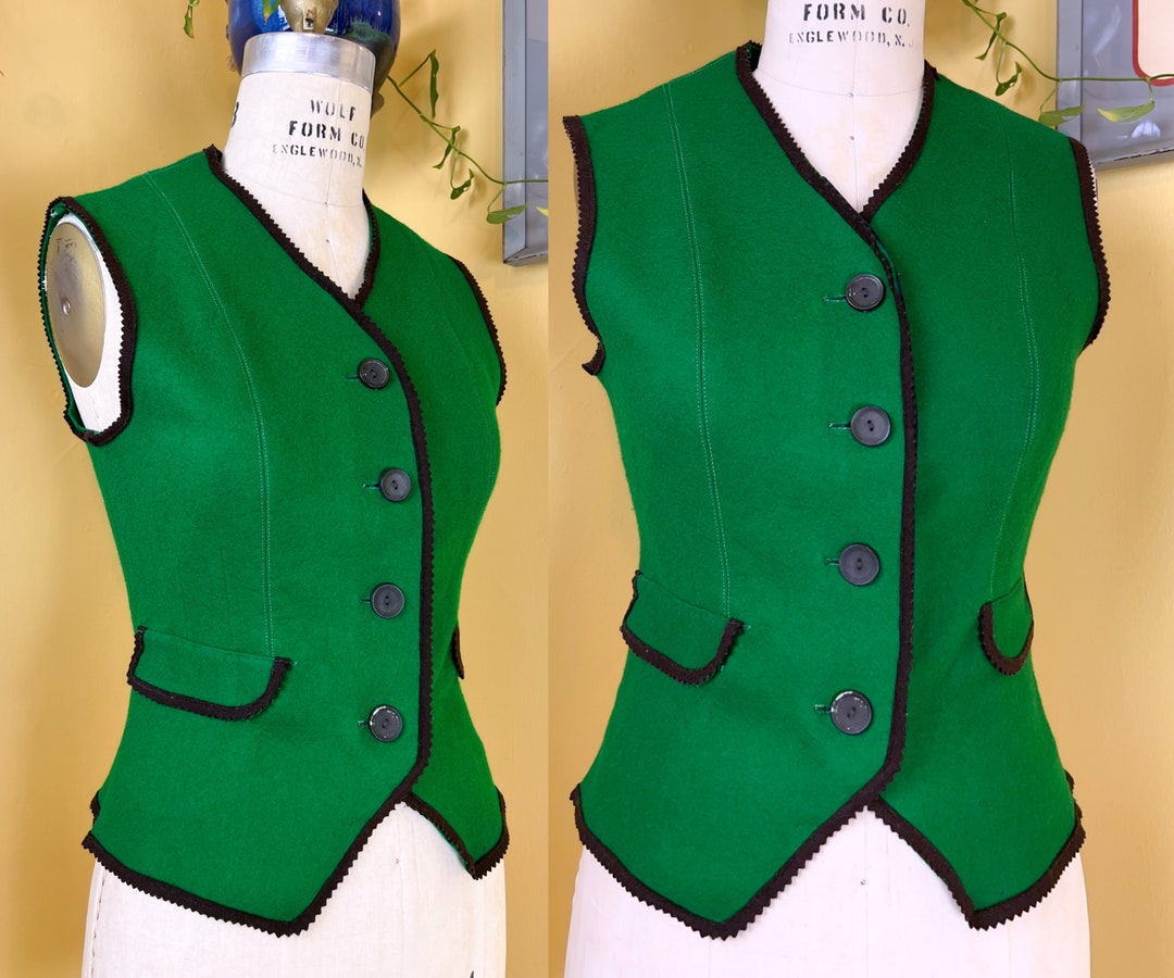 Vintage 1940s Vest // Key Green Brown Wool Felt 40s Vest // Pointy Hem ...