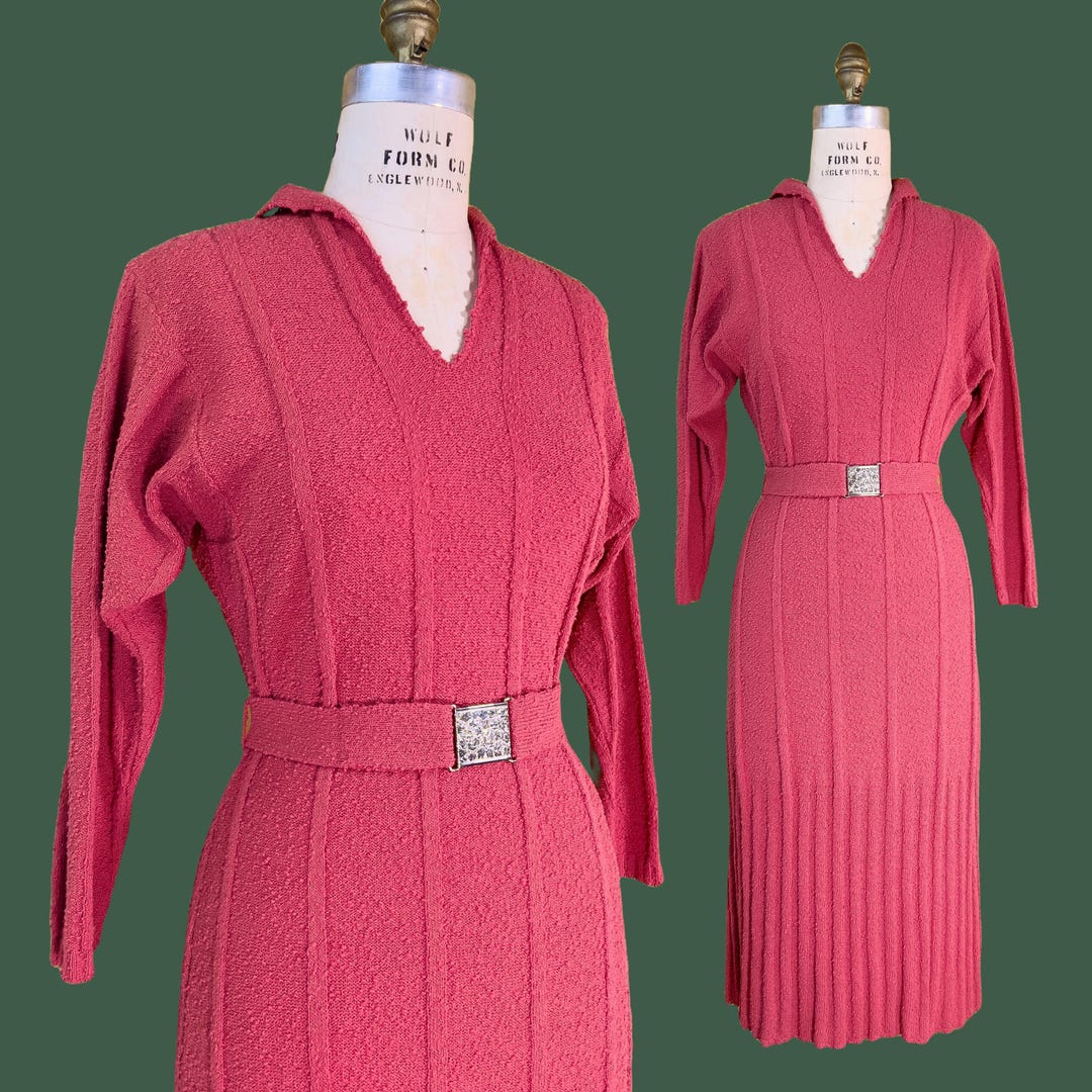 Vintage 1940s Knit Dress // Coral Wool Boucle 40s - 50s Cusp Knit Dress ...