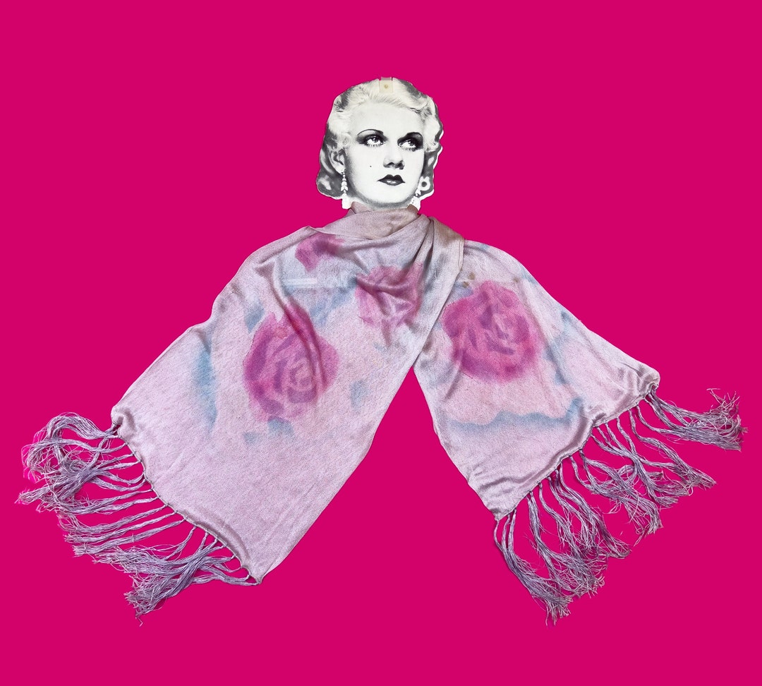 Vintage 1930s Scarf // Airbrushed Roses Slinky + Shiny Lavender Rayon ...
