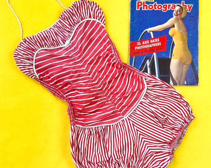 Vintage 1940s Swim Suit // Red + White Striped Cotton 40s - 50s Cusp ...